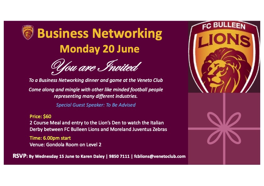 FC Bulleen Lions Business Networking Dinner and Game – My School Event